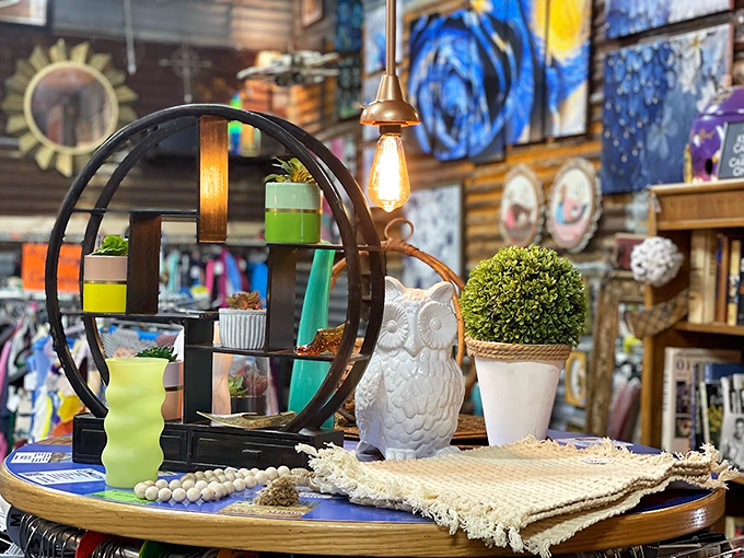 Every shelf tells a story here&mdash;ceramic owls, circular shelving, and potted greenery create vignettes worthy of the most stylish homes.