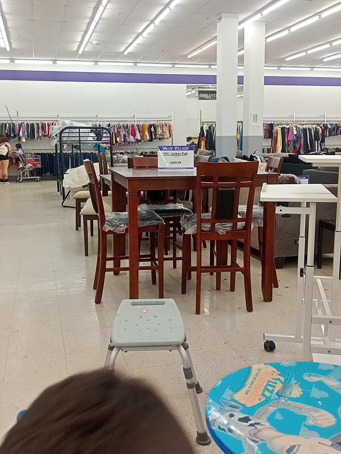 Dining sets await new homes and dinner conversations. That cherry wood table has probably hosted everything from Thanksgiving dinners to heated Monopoly games.