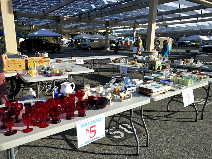 Ruby red glassware catches the morning light, each piece waiting to star in someone's dinner party. Five dollars for a touch of vintage glamour? Sold!