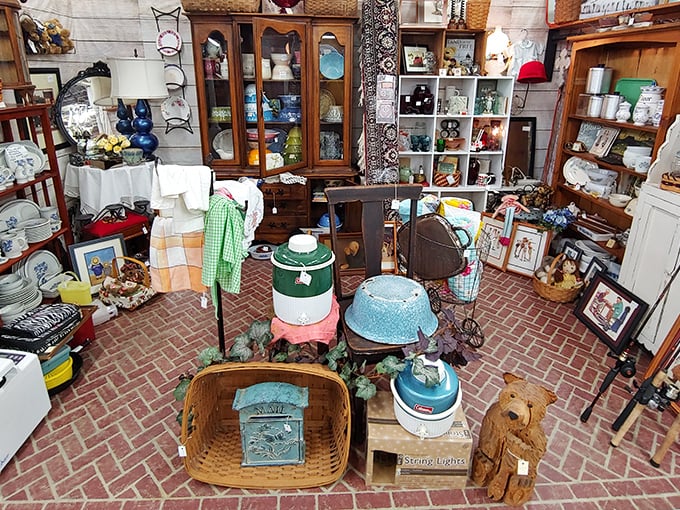 Grandma's kitchen lives on in these carefully arranged displays. That blue speckled cookware probably made meals for families during the moon landing.