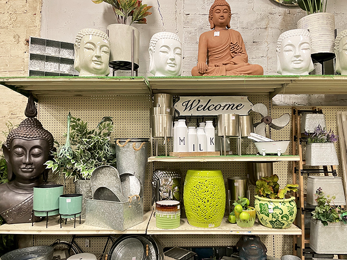 Buddha statues supervise the housewares section with zen-like patience, blessing every ceramic garden stool and decorative vessel below.