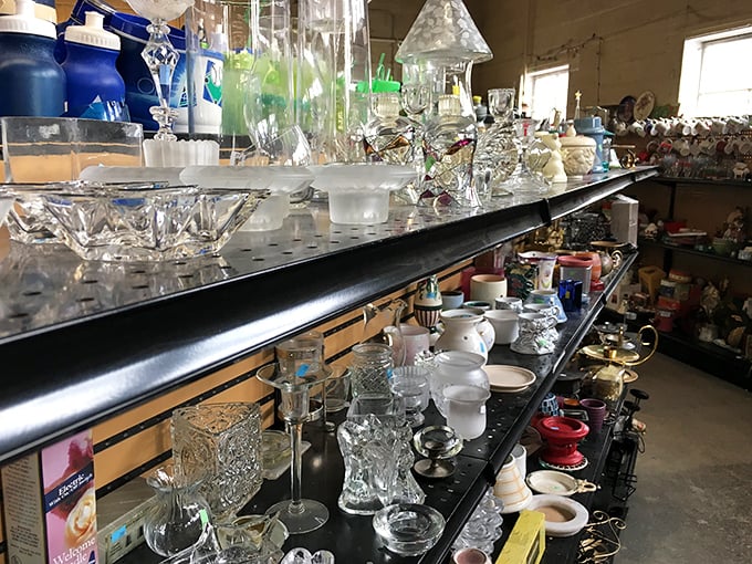 Crystal kingdoms await in the glassware section. One person's "grandma's old vase" is another's "vintage mid-century find."