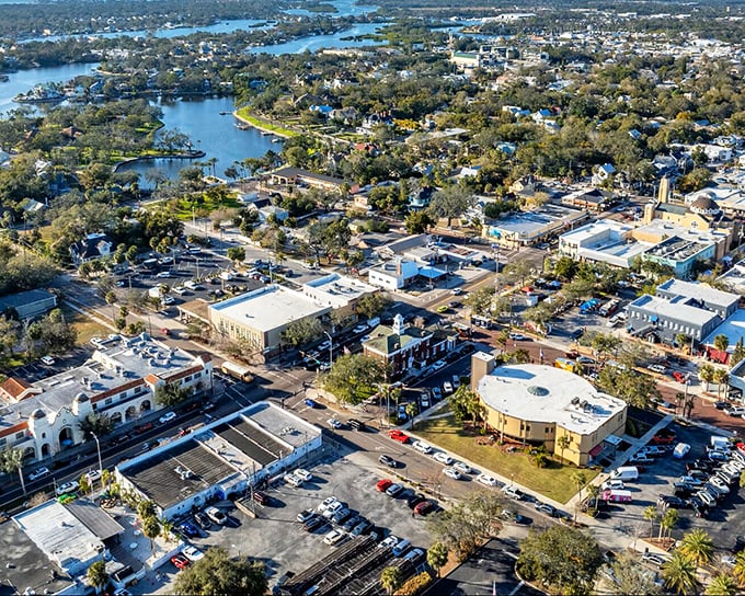 From above, Tarpon Springs reveals its true character&mdash;a perfect marriage of waterfront charm and small-town grid, where blue meets civilization.
