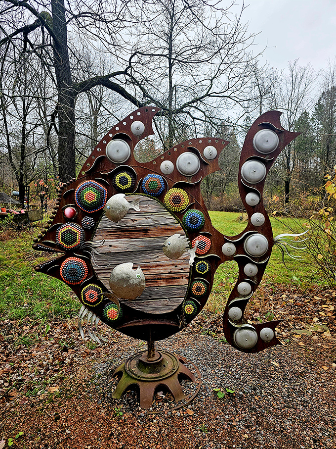 This isn't your grandmother's decorative fish. Metal and beadwork combine in this spectacular creation that somehow manages to be both industrial and delicate.