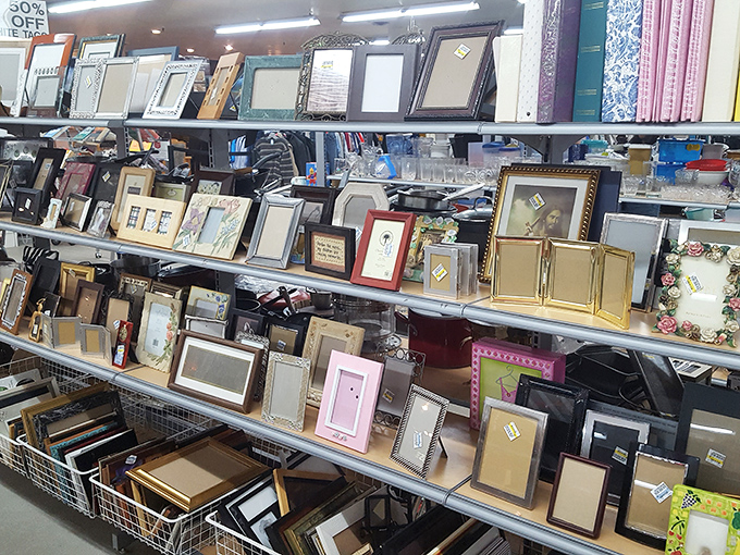 Frame heaven! Whether you're showcasing family photos or vintage art finds, this wall of frames offers endless possibilities for personalizing your space without emptying your wallet.