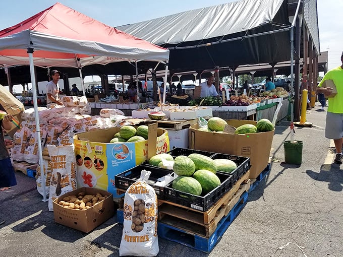 Nature's candy store! Fresh watermelons and local produce create an edible rainbow that puts supermarket offerings to shame.