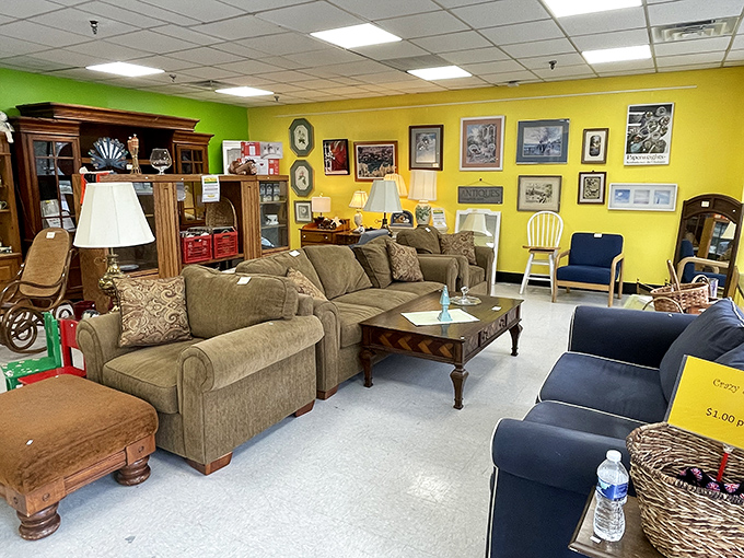 That yellow wall isn't just a paint choice&mdash;it's a statement of optimism behind every carefully arranged furniture vignette waiting for its second act in your living room.