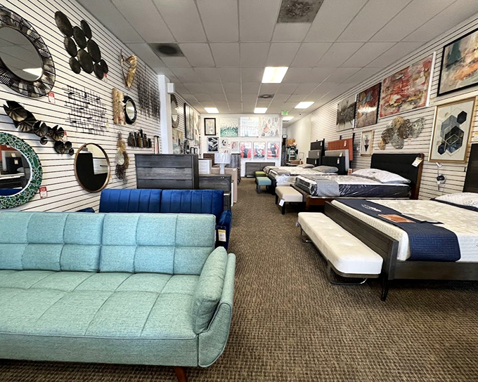 Mid-century modern dreams come true in the furniture section, where that mint-green sofa is practically begging to come home with you.
