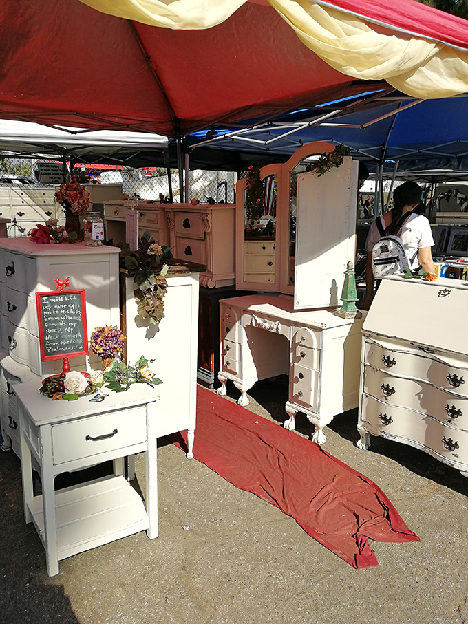 Restored furniture pieces wait patiently for new homes, each carrying stories from decades past. 