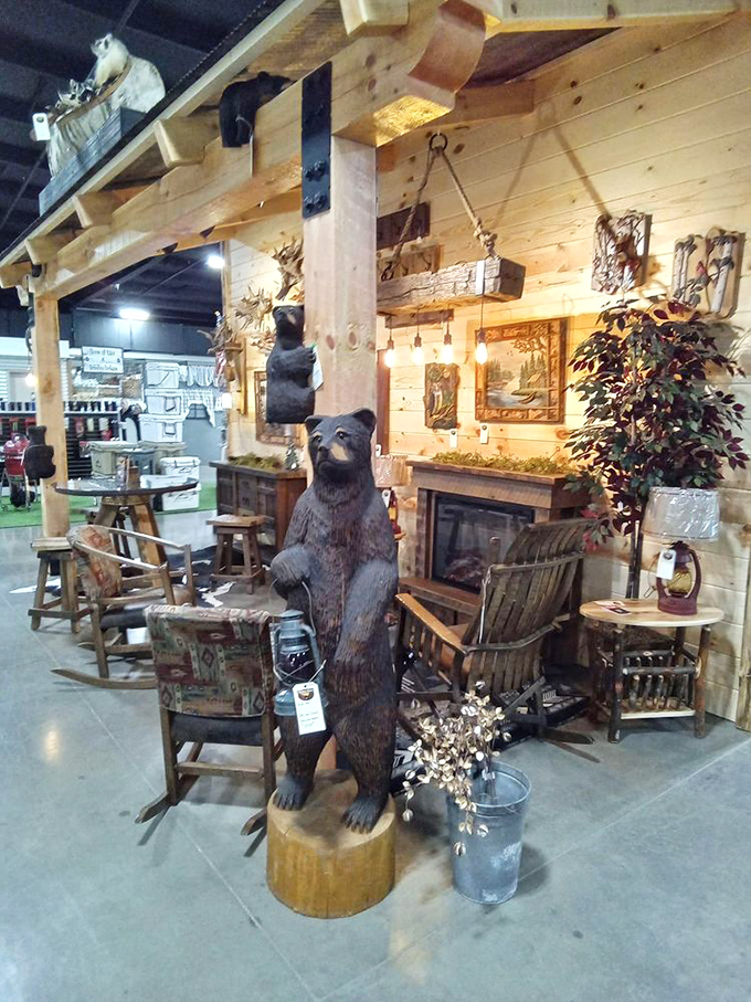 Not just furniture—time machines with cushions. This wooden bear stands guard over rustic treasures that whisper stories of cabins and campfires past.