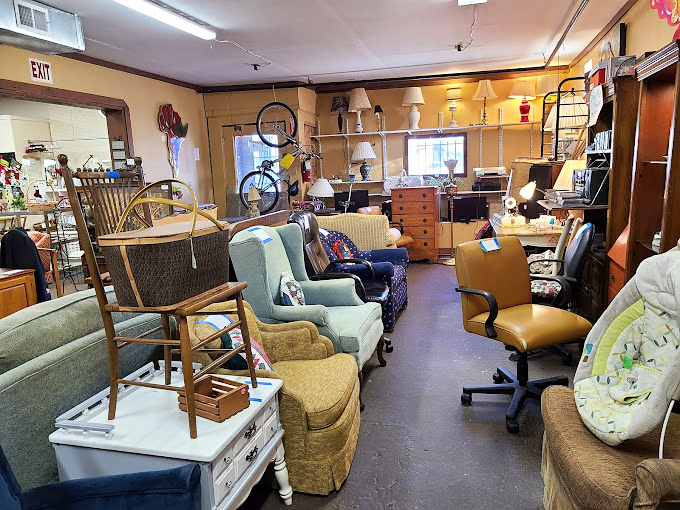 The furniture section resembles a living room time machine, with chairs from every decade gathering for an impromptu design summit.