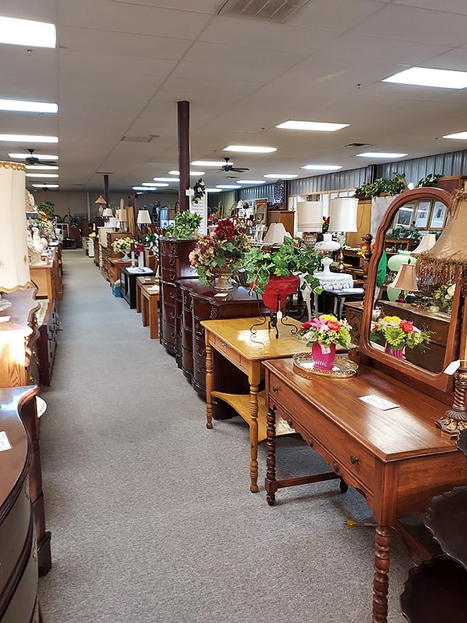 Furniture row stretches into infinity, where every wooden dresser whispers stories of the families who once called it home.