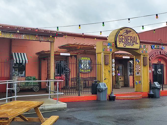 Colorful storefronts house the General Store and Fudge Factory, where Route 66 nostalgia gets a playful, modern twist that'll make grandkids giggle.