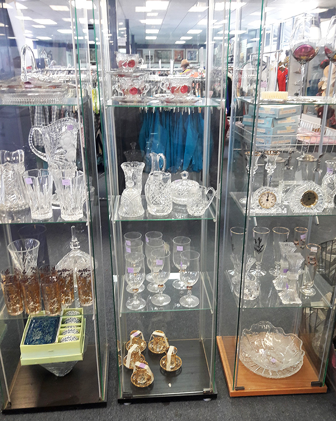 Crystal kingdom! These glass cabinets house everything from everyday tumblers to pieces that would make your grandmother swoon with envy.