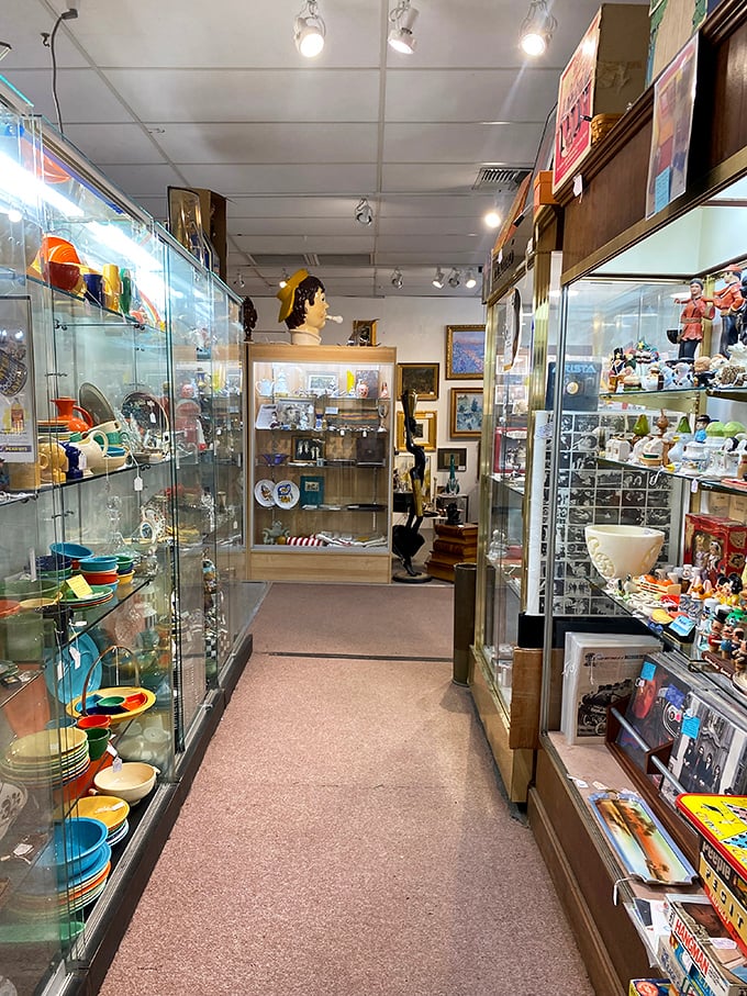 Walking these aisles feels like strolling through the decades, with each glass cabinet offering a different chapter of American design history.