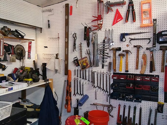 Tool heaven isn't a myth—it's just hanging on this pegboard. Every handyman's dream displayed with the kind of organization that would make Marie Kondo weep with joy.