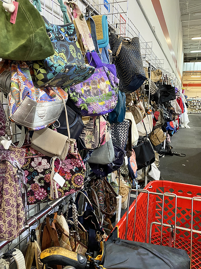 The handbag wall resembles modern art more than retail display. Each purse tells a story—some glamorous, others practical, all waiting for their next chapter.