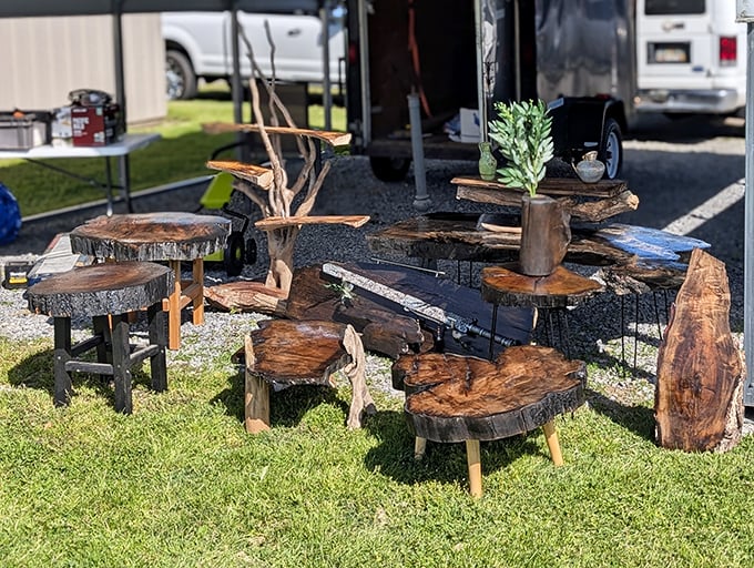 Nature's craftsmanship meets human ingenuity. These rustic wooden tables and stools transform fallen trees into conversation pieces that would make Ron Swanson proud.