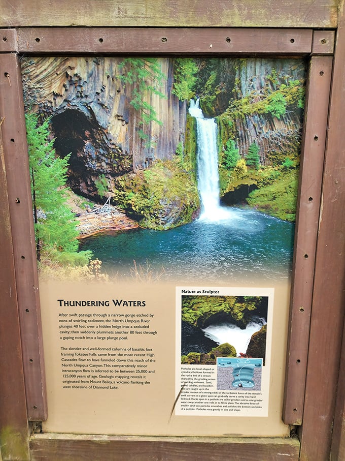 "Thundering Waters" indeed! This informational sign reveals the geological backstory of Toketee's formation&mdash;nature's patient artistry spanning thousands of years.