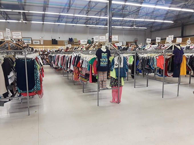 Rows upon rows of meticulously organized clothing stretch toward the horizon. It's like a department store, but with better stories behind each item.