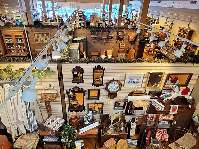 Every corner tells a story—vintage mirrors reflect decades of design history while furniture pieces wait patiently for their next chapter.