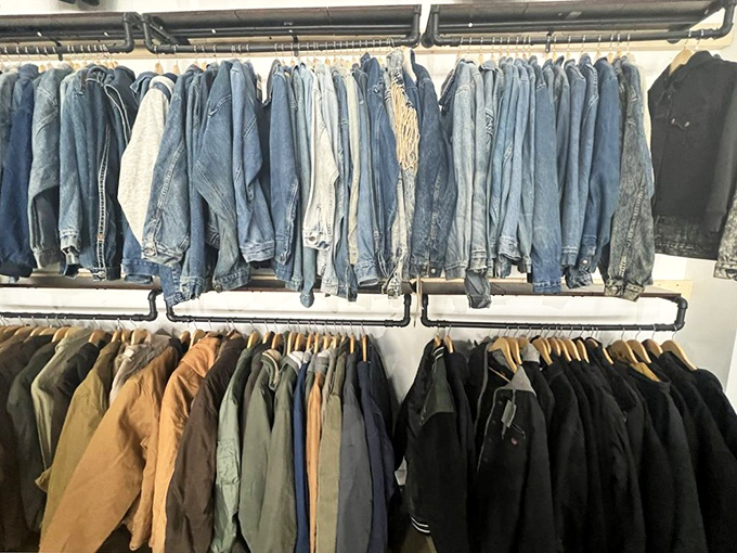 Denim heaven awaits! Rows of perfectly organized jackets span decades of style, from workwear classics to rare vintage finds.