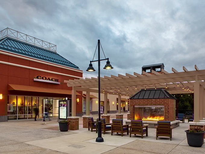 When shopping gets chilly, this outdoor fireplace creates the perfect ambiance for contemplating your next purchase or justifying your last one.