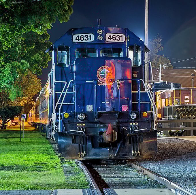 By night, the locomotive transforms into a majestic steel beast, its headlights cutting through mountain darkness like a determined firefly.