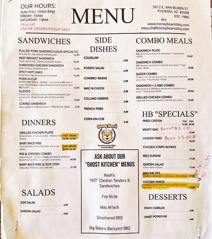 A menu that doesn't need fancy descriptions&mdash;when you've perfected BBQ classics, the food speaks for itself.