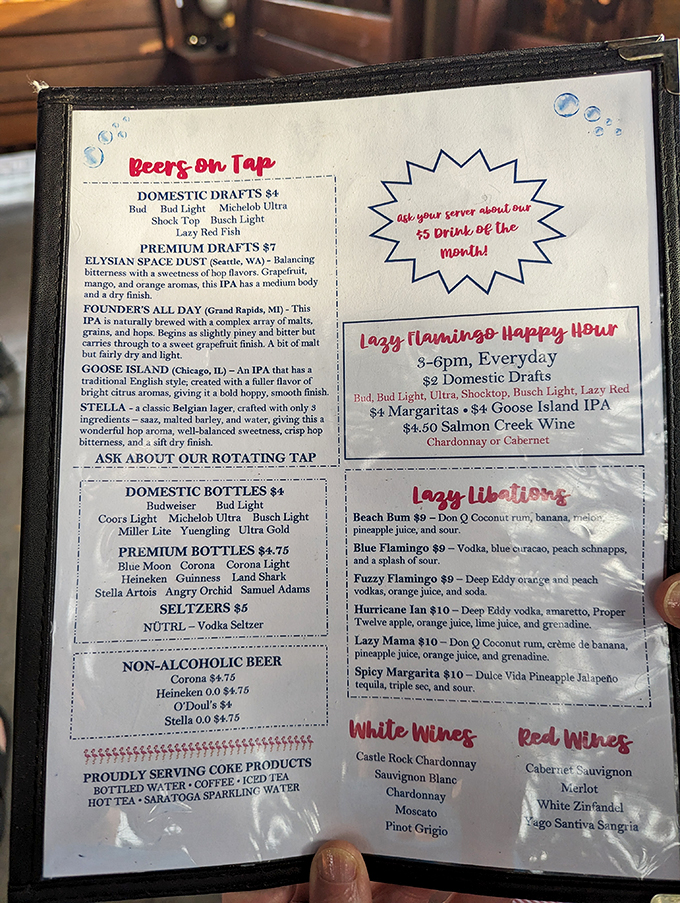 The drink menu reads like a love letter to thirsty beachgoers. From "Beach Bum" to "Hurricane Ian," these aren't just cocktails&mdash;they're liquid vacations.