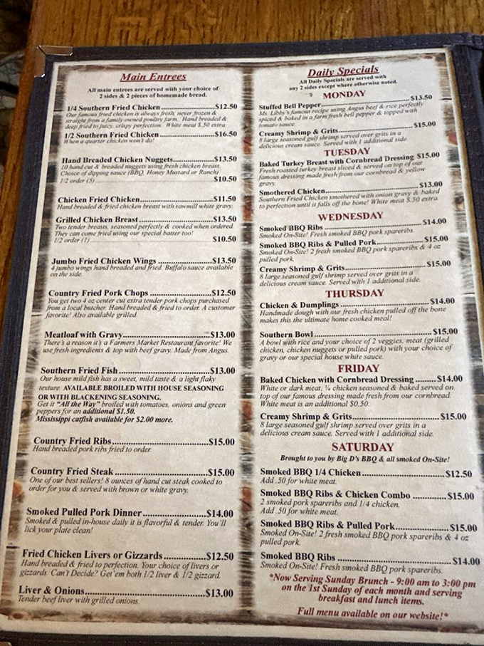 This menu isn't just a list of dishes&mdash;it's a roadmap to happiness. Daily specials rotate like the greatest hits album of Southern cuisine.