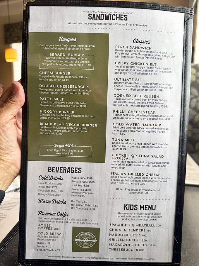 This menu reads like a love letter to American classics. Notice how the perch sandwich gets star billing&mdash;that's no accident.