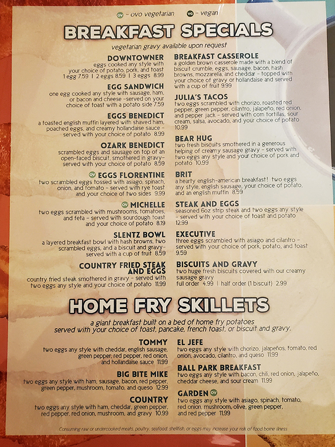 The breakfast menu reads like poetry for the hungry soul, where "Bear Hug" isn't just comfort&mdash;it's two biscuits smothered in sausage gravy heaven.