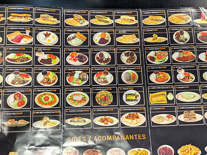 Food porn alert! This extensive menu board showcases a mouthwatering United Nations of Latin American cuisine that will leave you contemplating multiple meals.