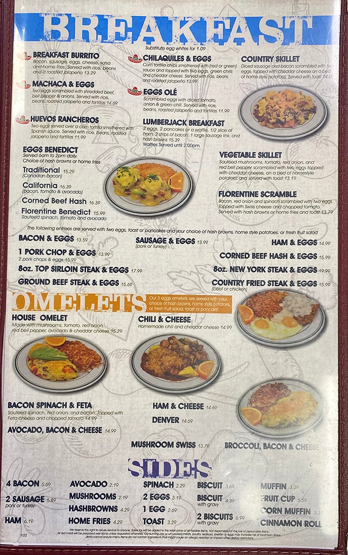A breakfast menu that reads like poetry to the hungry soul. Notice the Lumberjack Breakfast? That's not a meal&mdash;it's a delicious challenge to your stomach's capacity.