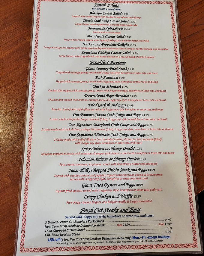 The menu reads like a love letter to comfort food, with crab cakes taking center stage in multiple starring roles.