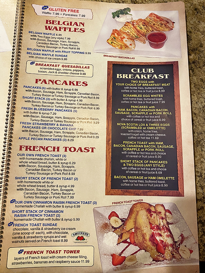 The menu &ndash; a spiral-bound epic that makes War and Peace look like light reading. Belgian waffles and challah French toast await your verdict.