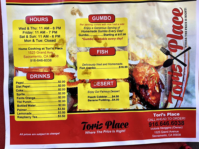 The menu board tells the delicious truth – this is soul food heaven with gumbo, fried fish, and desserts that'll make you want to skip straight to the sweet stuff.