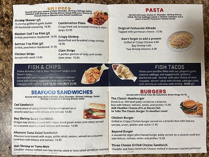 The menu reads like a love letter to Pacific Northwest seafood&mdash;fish tacos, clam strips, and combinations that make decision-making the hardest part of your visit.