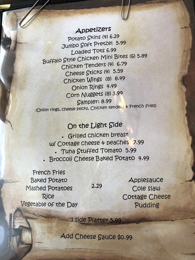 This menu isn't just a list of food&mdash;it's a love letter to American classics. Notice how the appetizer section alone could constitute a complete food pyramid for comfort food enthusiasts.