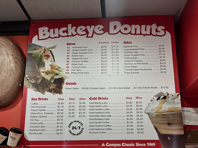 The menu board reveals Buckeye Donuts' surprising secret weapon&mdash;gyros that rival the donuts for customer affection. Talk about a plot twist!