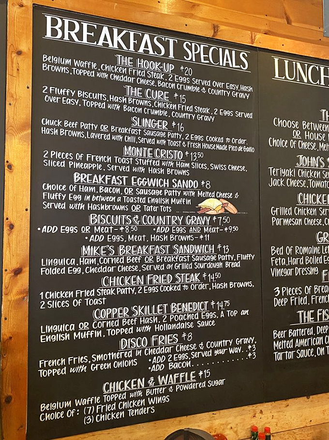 This chalkboard menu isn't just listing food&mdash;it's offering solutions to life's problems, one country gravy-smothered dish at a time.