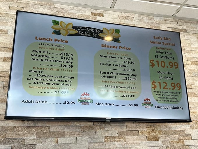 The menu board reveals the buffet's pricing structure &ndash; the adult equivalent of a kid seeing the height requirement for a roller coaster they desperately want to ride.