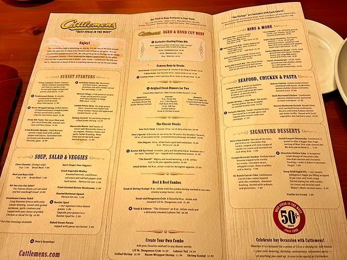 A menu that reads like a love letter to beef enthusiasts. Each description promises a journey into steak paradise that'll have you planning your next visit.