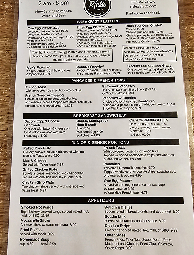 A menu that reads like a love letter to breakfast classics. The hardest relationship you'll navigate today? Choosing between Rick's Favorite and Donna's Favorite.