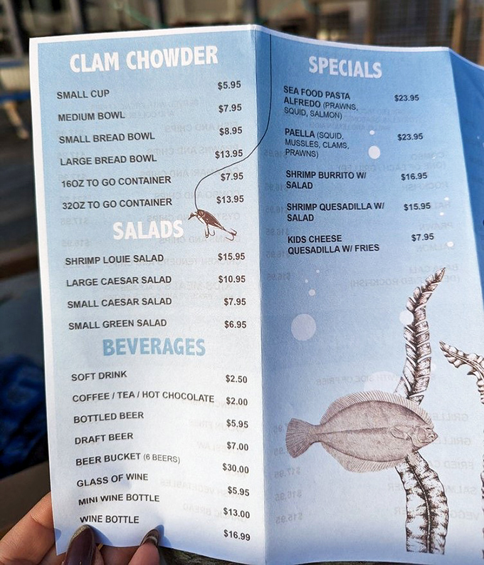 A menu that reads like a love letter to the ocean. The clam chowder comes in five different sizes&mdash;because sometimes you need a cup, sometimes you need a bathtub.