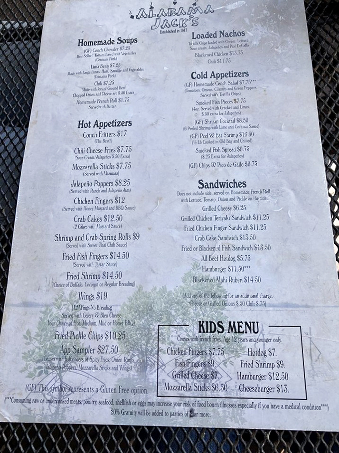 This menu isn't just a list of food&mdash;it's a treasure map to seafood nirvana. X marks the spot at "Conch Fritters."