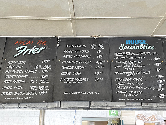 The menu board tells the whole story &ndash; no fancy fonts or flowery descriptions, just straightforward seafood excellence waiting to be ordered.