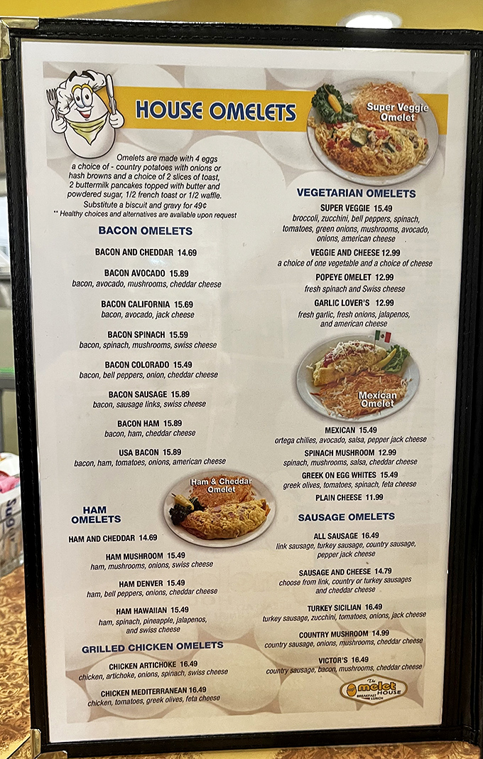 The menu board reads like a love letter to eggs&mdash;each omelet combination more tempting than the last, with options for every appetite.