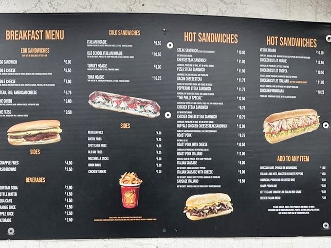 A menu board that reads like poetry to sandwich enthusiasts. No fancy fonts or pretentious descriptions&mdash;just the honest promise of Philadelphia's finest.